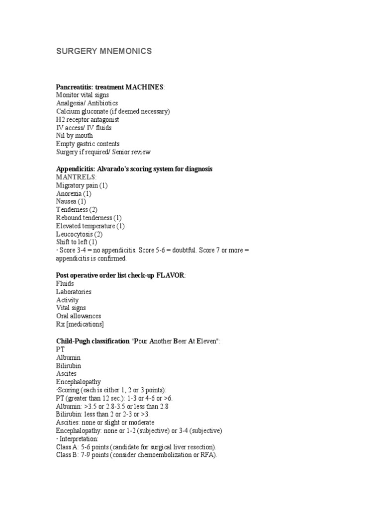 Surgery Mnemonics | PDF | Vein | Varicose Veins