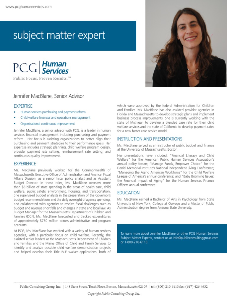Jennifer MacBlane, PCG Human Services Subject Matter Expert | PDF ...