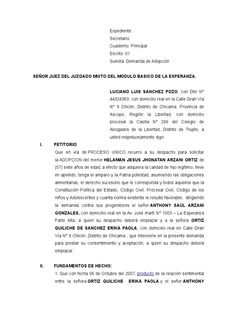 Demanda de Adopcion | Descargar gratis PDF | Adopción | Demanda judicial