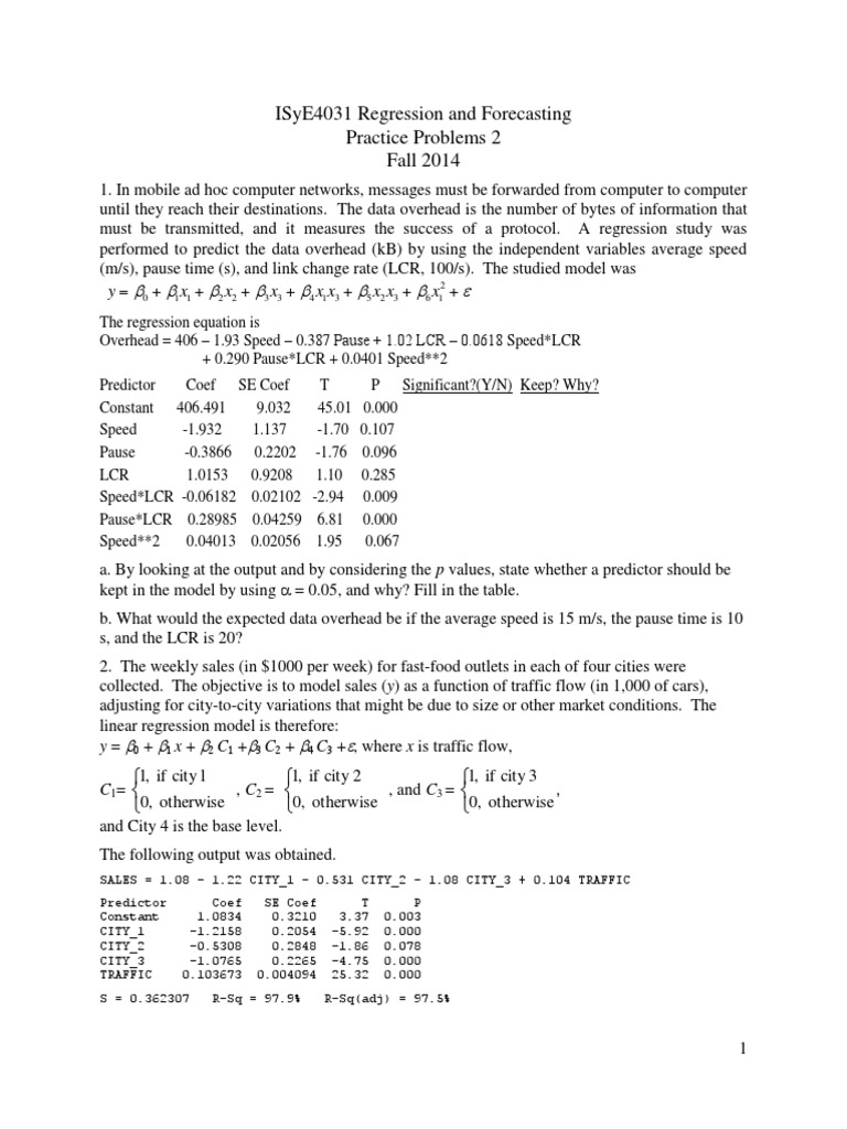 Isye4031 Regression and Forecasting Practice Problems 2 Fall 2014 | Download Free PDF | Errors ...