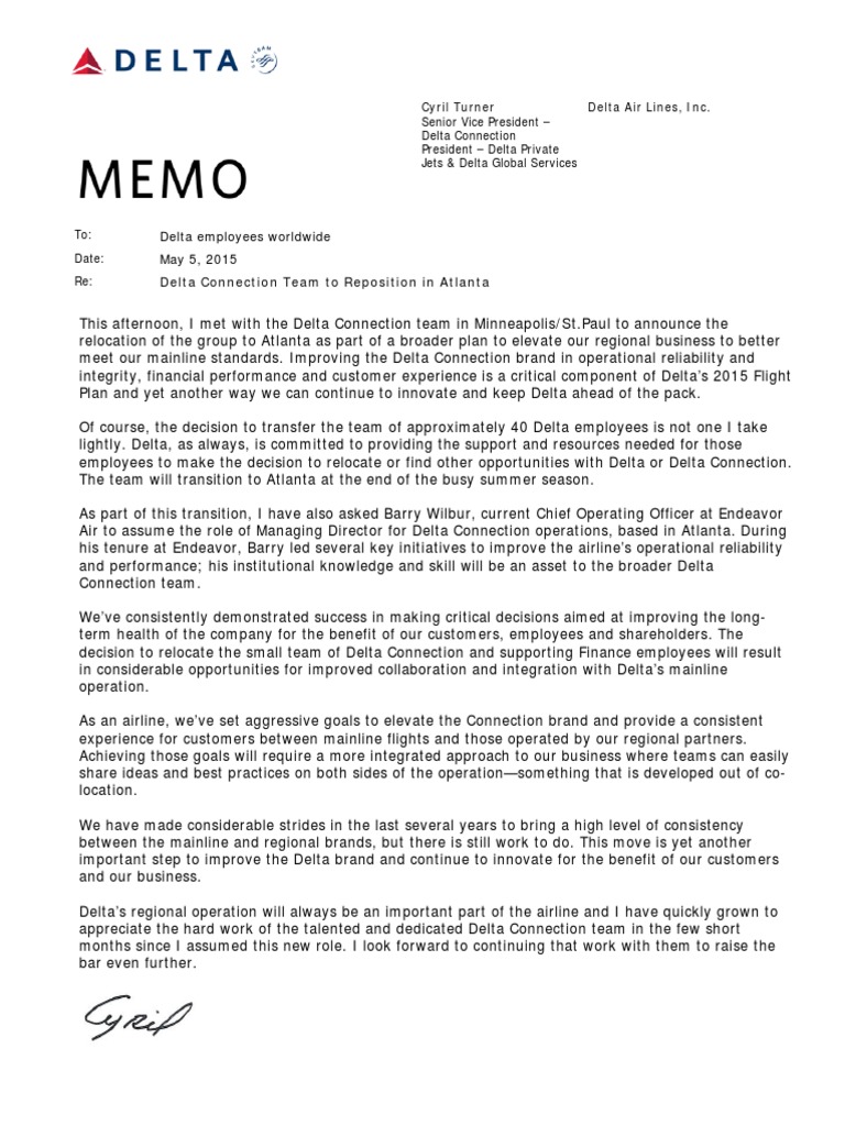 Delta Connection Move Memo | PDF | Delta Air Lines | Airlines