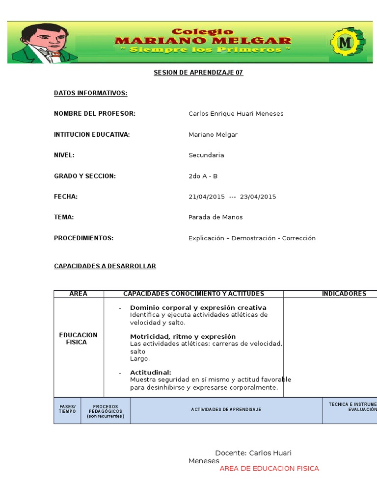 Docente: Carlos Huari Meneses: Area de Educacion Fisica | PDF ...