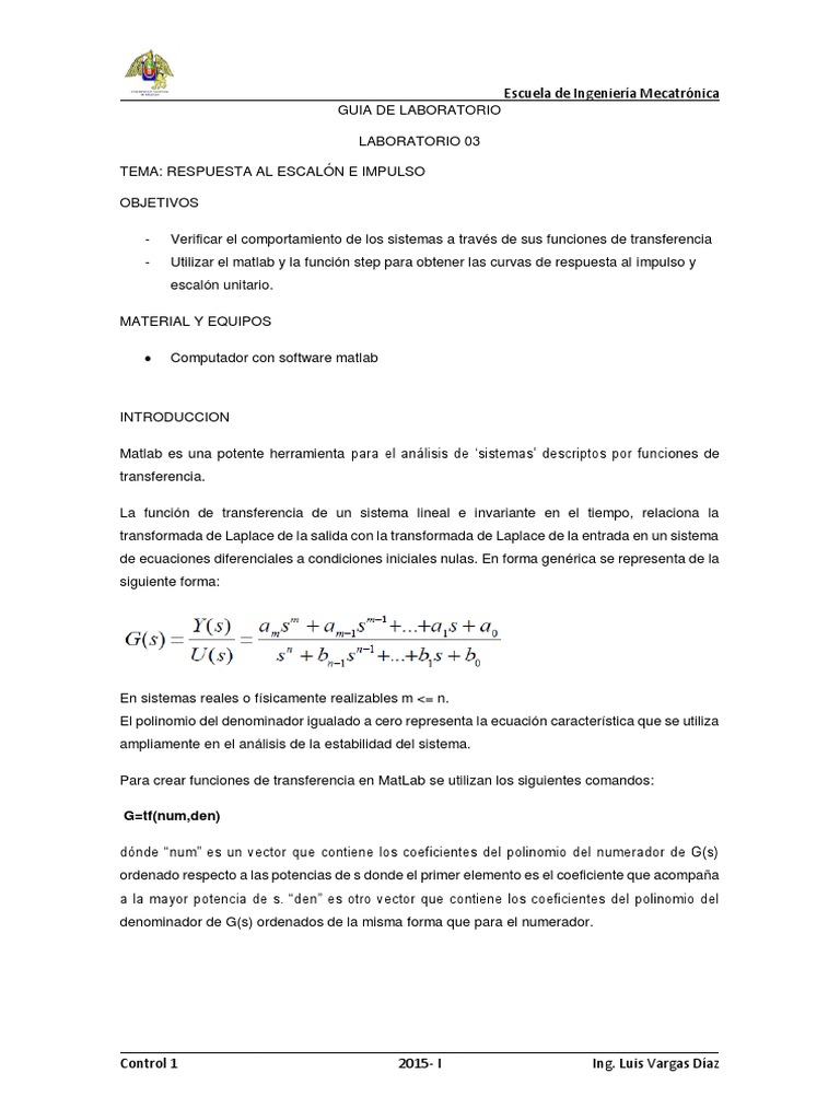 Lab 03 Respuesta Al Impulso y Escalón | PDF | Matlab | Ecuaciones