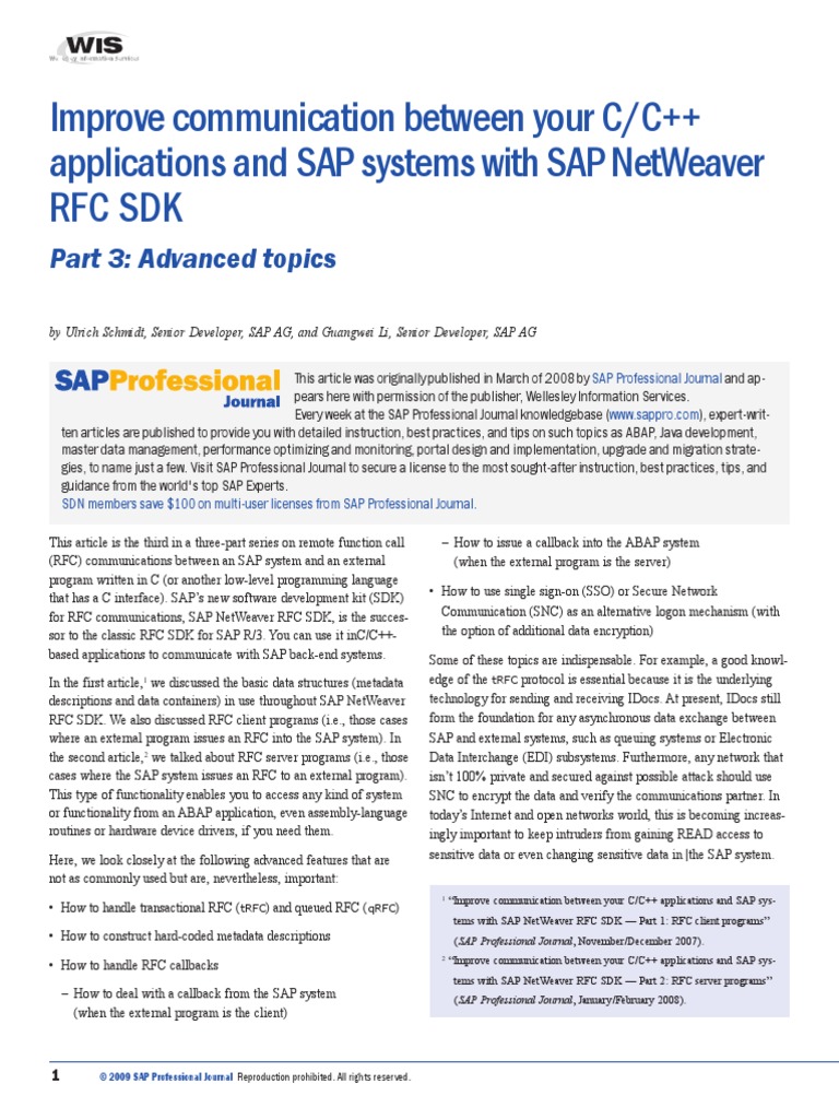 Improve Communication Between Your C - C++ Applications and SAP Systems With SAP NetWeaver RFC ...