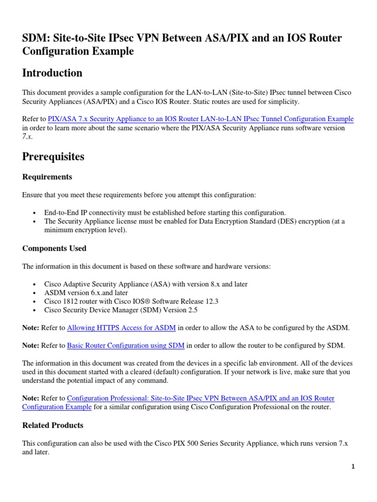 SDM: Site-To-Site Ipsec VPN Between Asa/Pix and An Ios Router Configuration Example | PDF ...