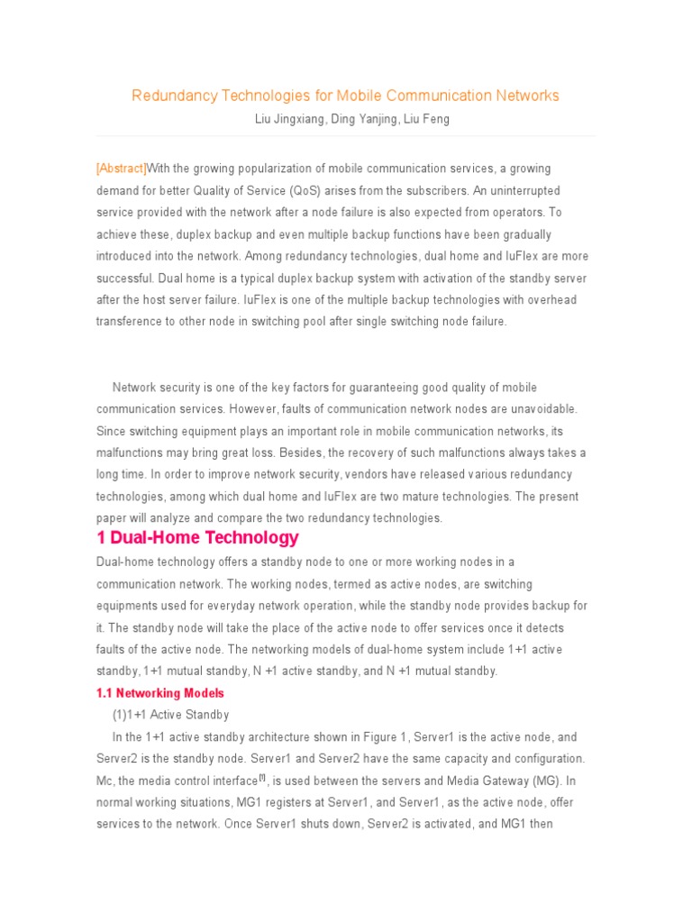 Redundancy Technologies For Mobile Communication Networks Pdf Computer Network Internet