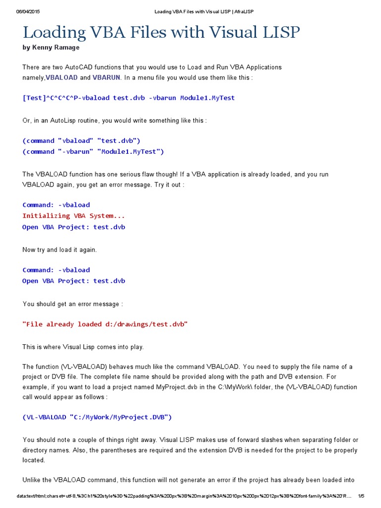 Loading VBA Files With Visual LISP | PDF | Subroutine | Visual Basic For Applications