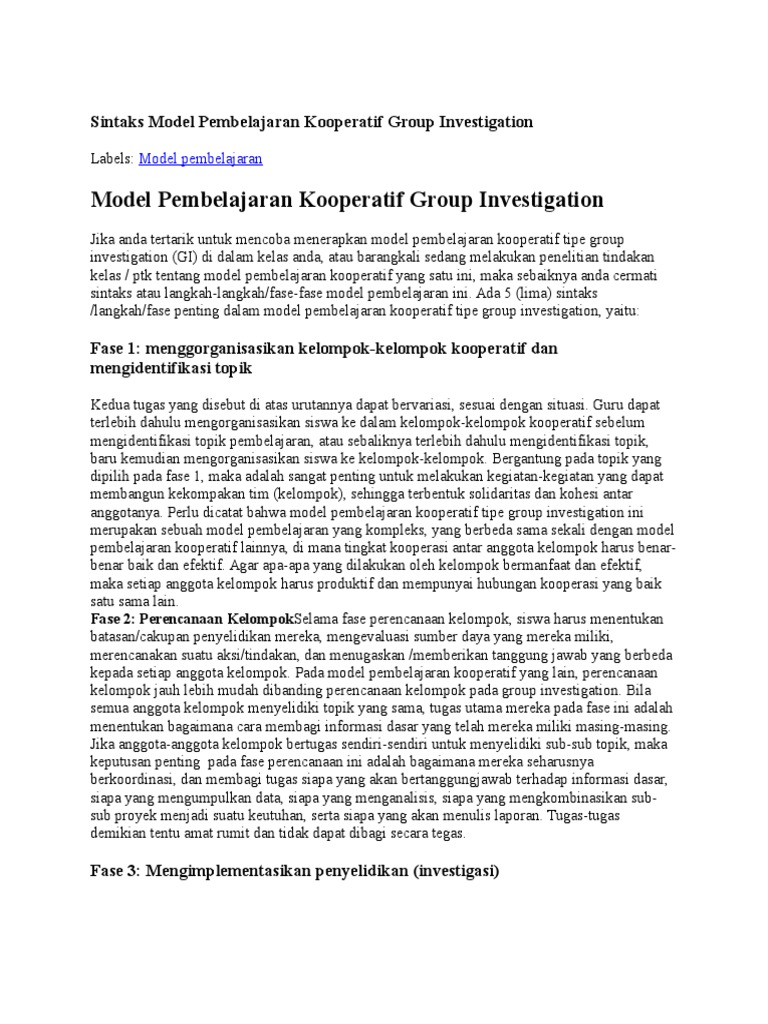 Sintaks Model Pembelajaran Kooperatif Group Investigation | PDF