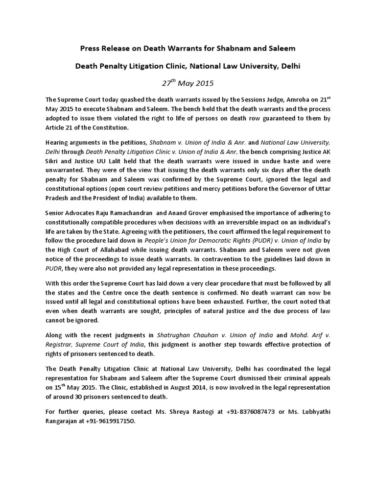 Press Release On Death Warrants For Shabnam and Saleem | PDF | Supreme ...