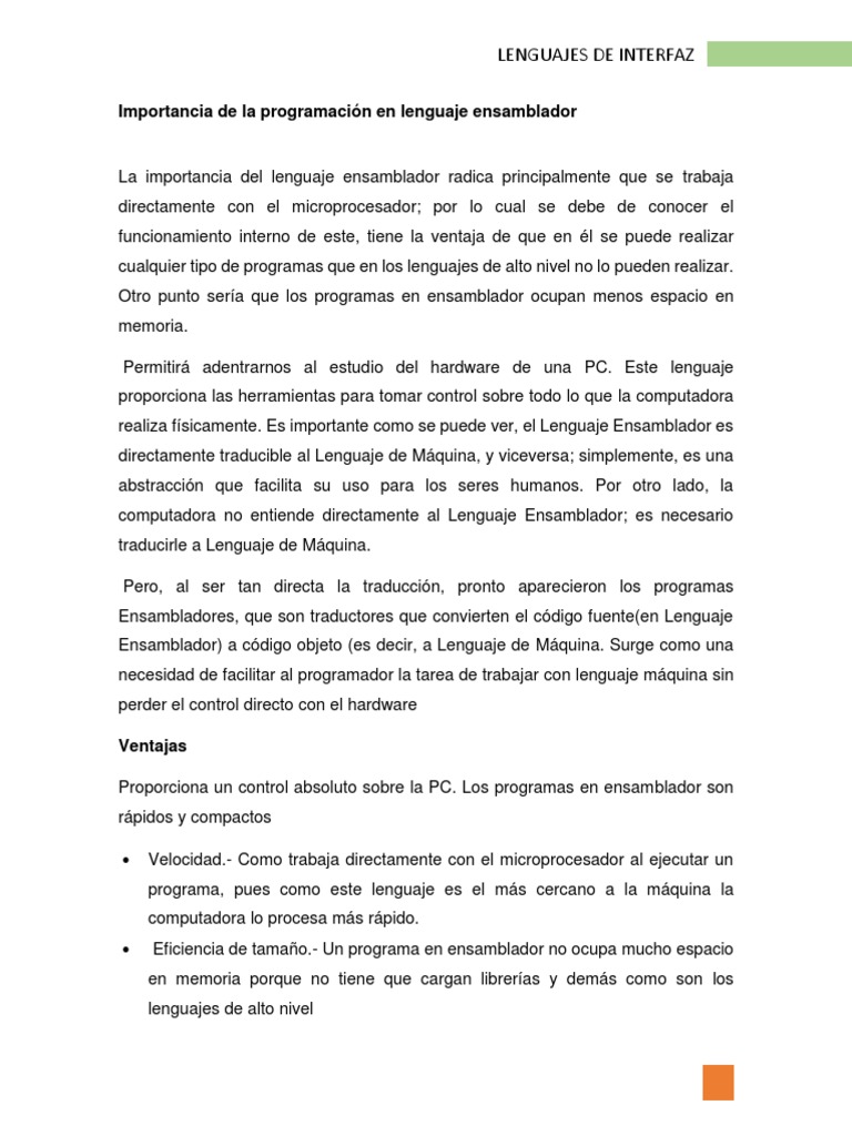 Ventajas del Lenguaje Ensamblador | PDF | Lenguaje ensamblador | Lenguaje de programación