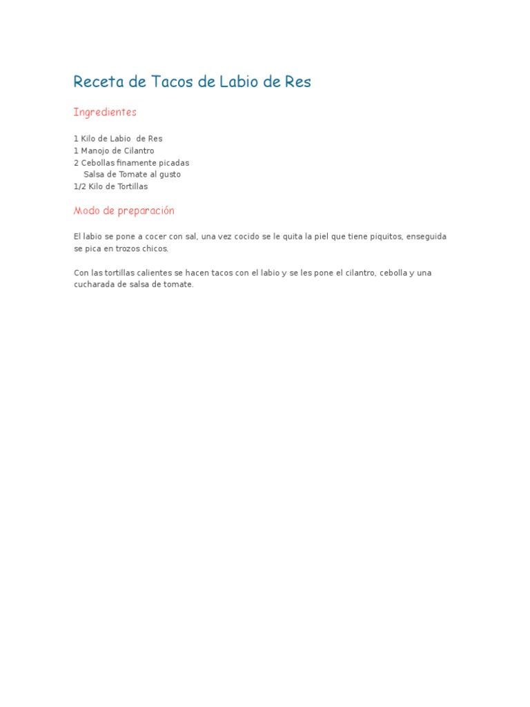 Receta de Tacos de Labio de Res | PDF | Deportes y actividades al aire ...