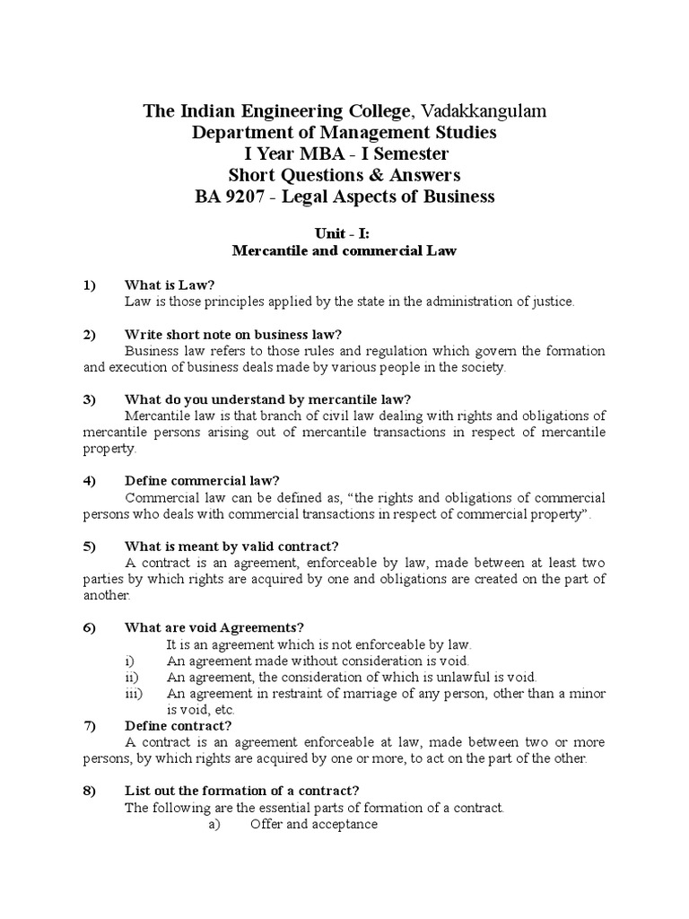 Legal Aspects of Business: MBA Q&A Guide | PDF | Negotiable Instrument ...