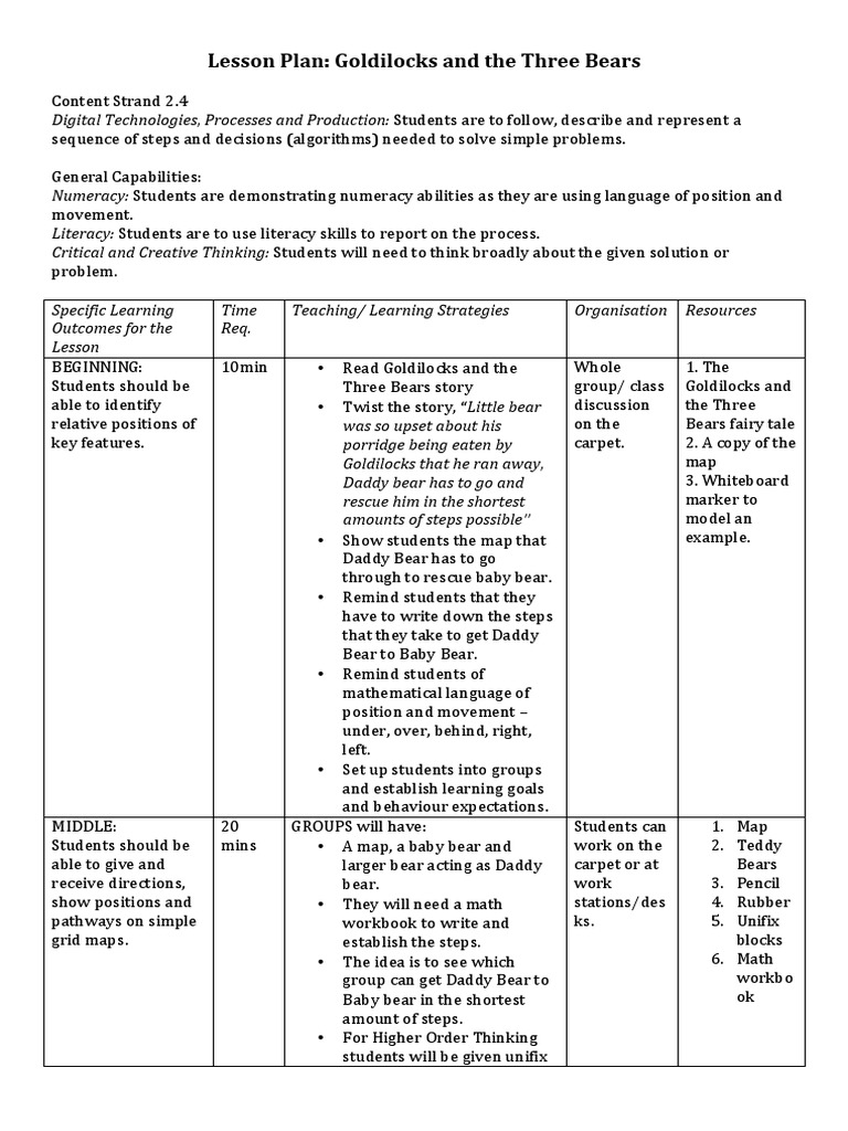 Goldilocks Problem-Solving Lesson Plan | PDF | Educational Psychology ...