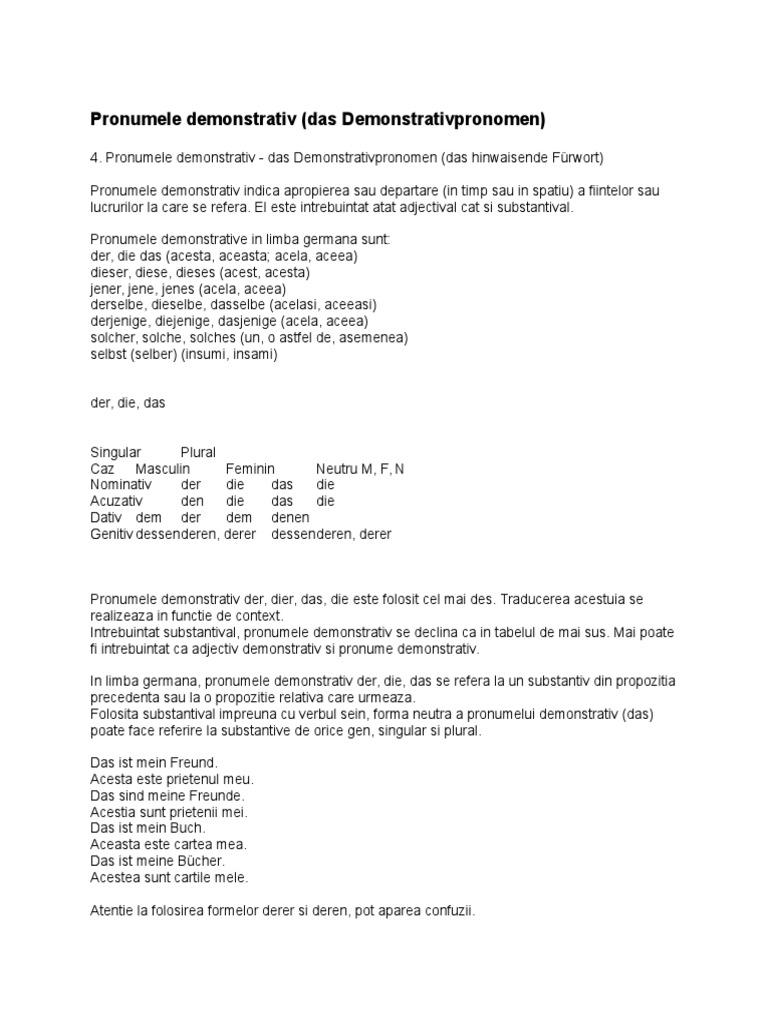 Pronumele Demonstrativ (Das Demonstrativpronomen) | PDF | Language Arts ...