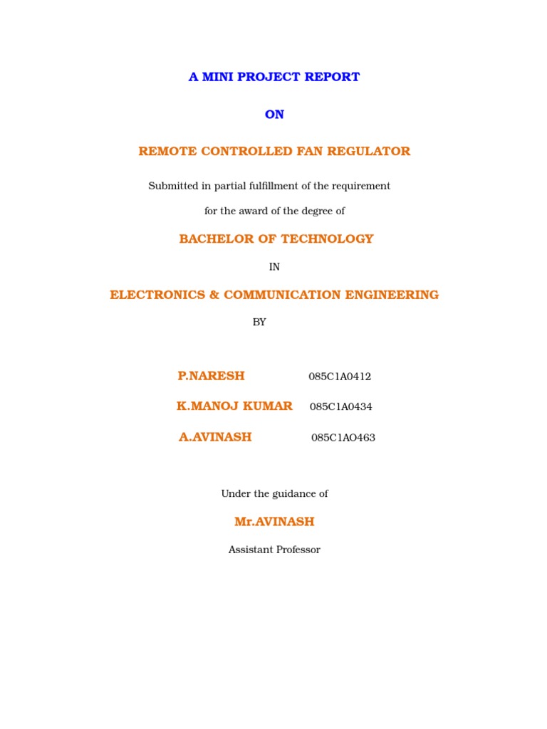 Remote Controlled Fan Regulator: A Mini Project Report ON | PDF | Electromagnetism | Electricity