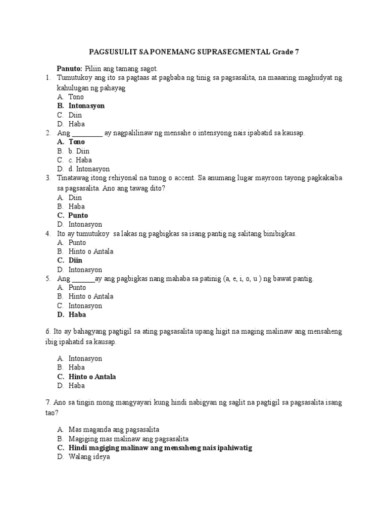 Pagsusulit Sa Ponemang Suprasegmental | PDF
