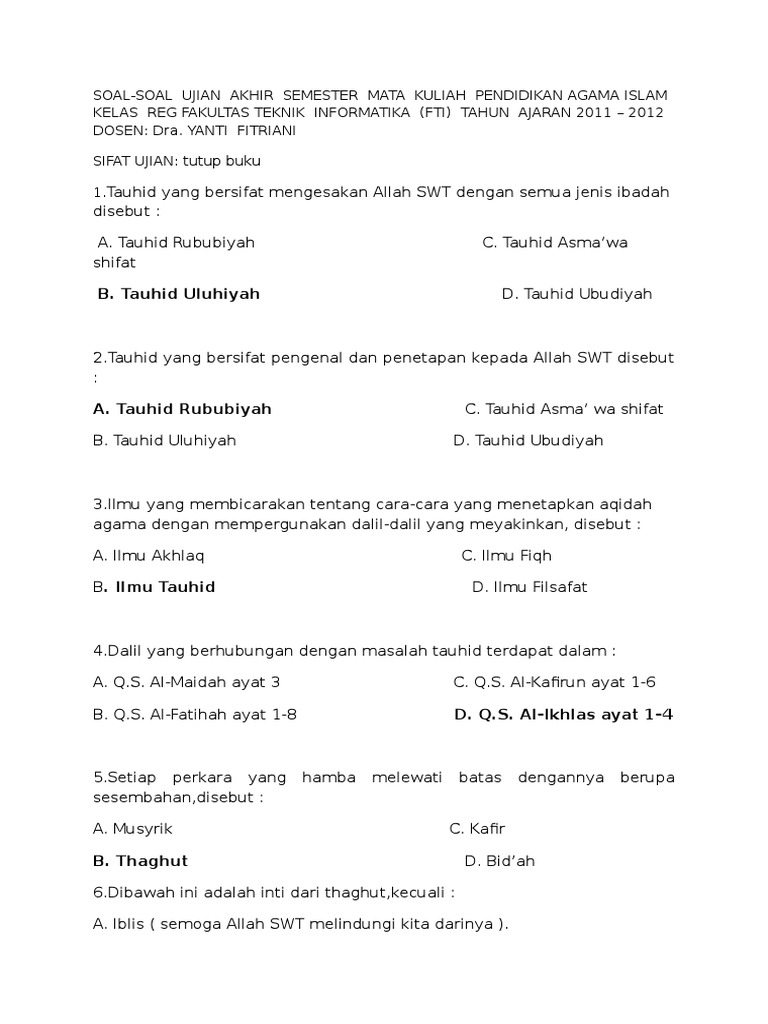 Soal Reguler UAS Agama Islam FTI | PDF | Politik | Filsafat