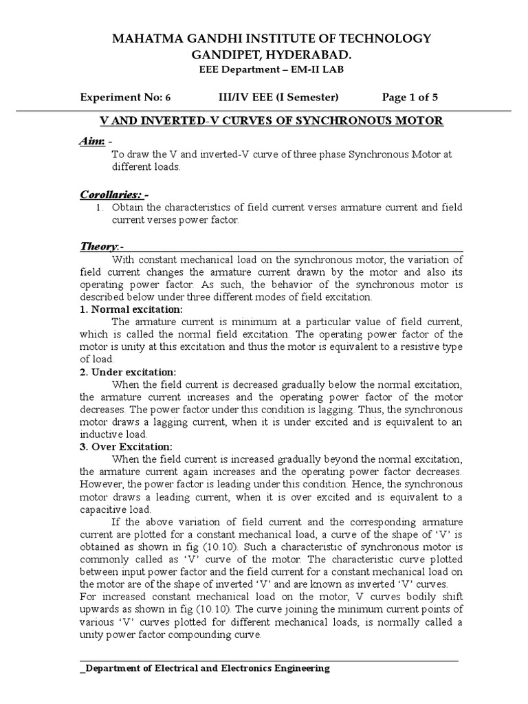 V and Inverted V Curves of Synchronous Motor | PDF | Electric Motor ...