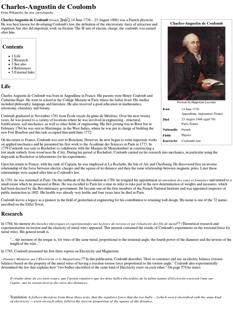 Charles-Augustin de Coulomb - Wikipedia, The Free Encyclopedia | PDF ...