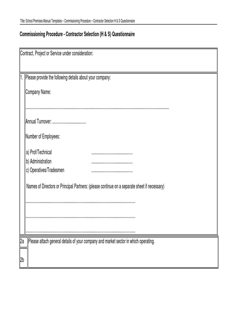 Commissioning Procedure - Contractor Selection (H & S) Questionnaire | PDF | Occupational Safety ...