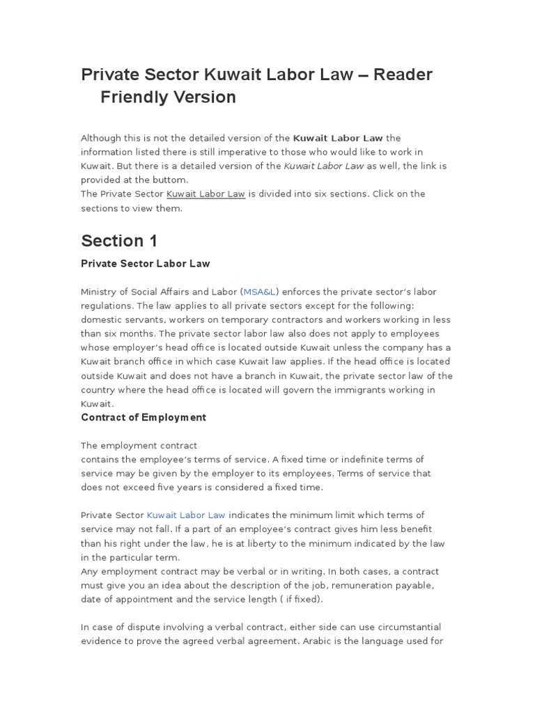 Kuwait Private Sector Labor Law Overview | PDF | Working Time | Employment