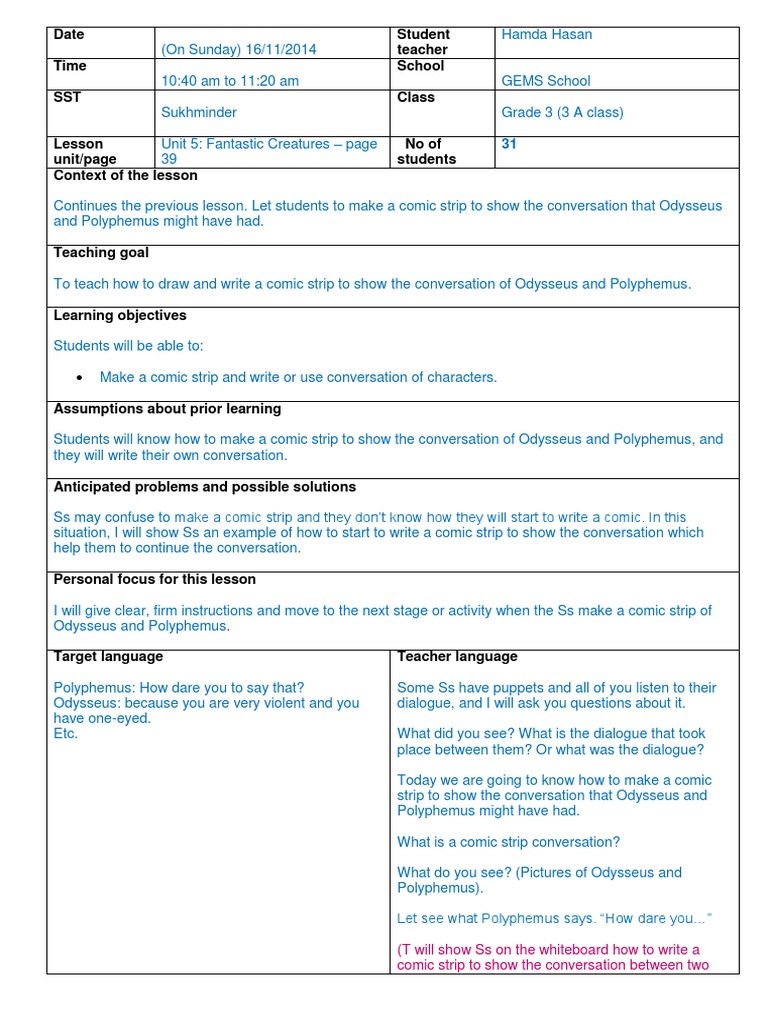 Hamda - Literacy Lesson Plan (Unit 5 - Fantastic Creatures) | PDF ...