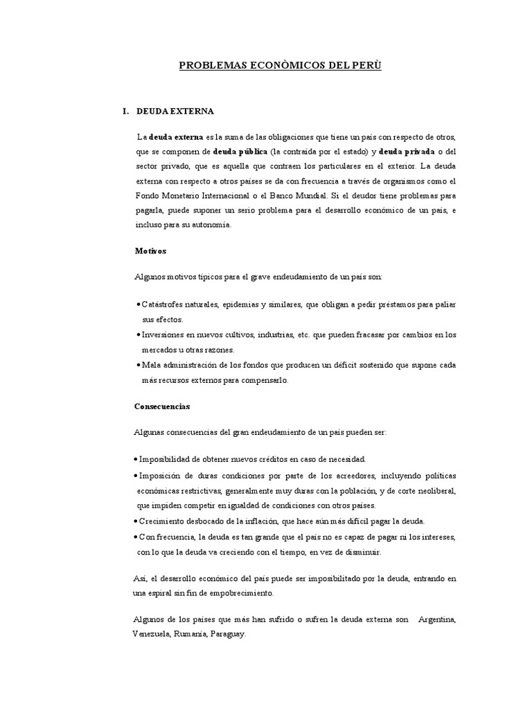 Problemas Economicos Del Perù | PDF | Subempleo | Deuda gubernamental
