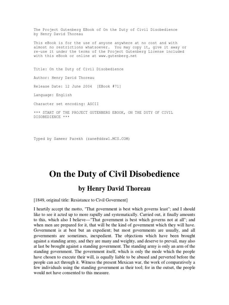 On The Duty of Civil Disobedience | PDF | Civil Disobedience (Thoreau ...