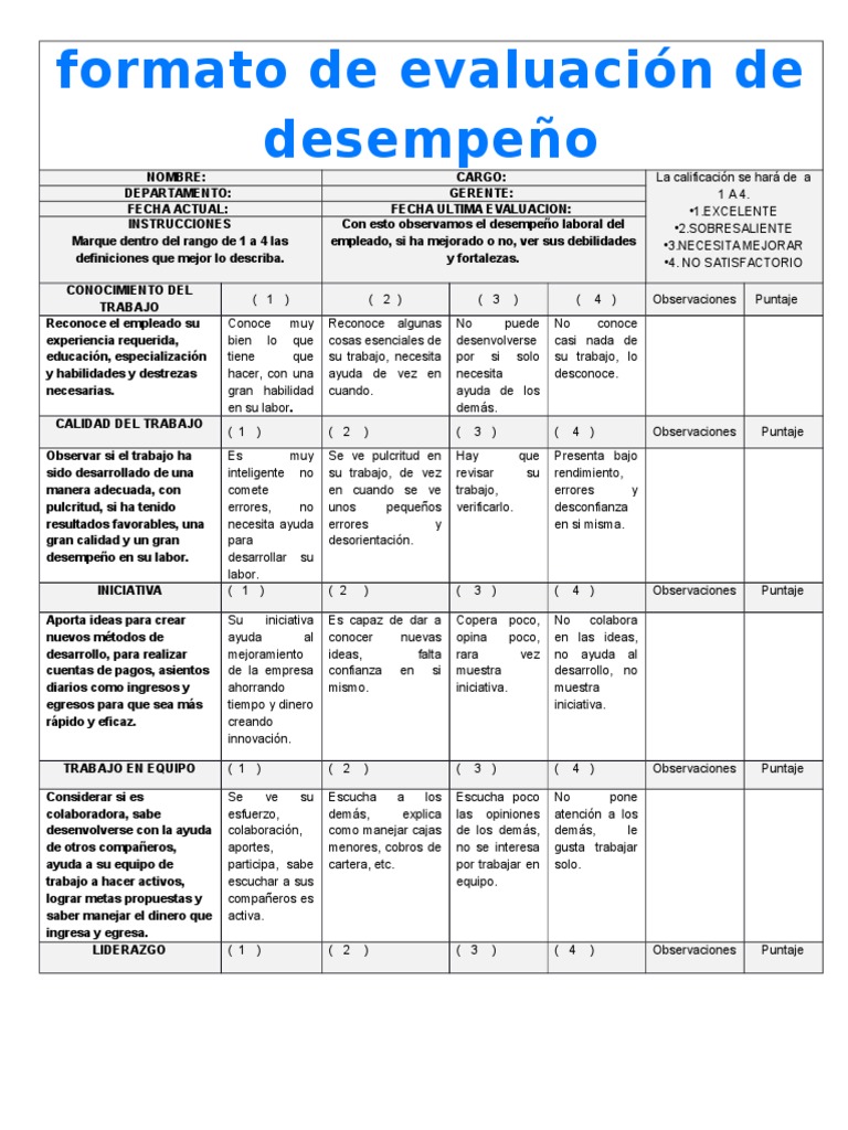 Formato de Evaluacion Del Desempeño | PDF | Toma de decisiones | Actitud (psicología)