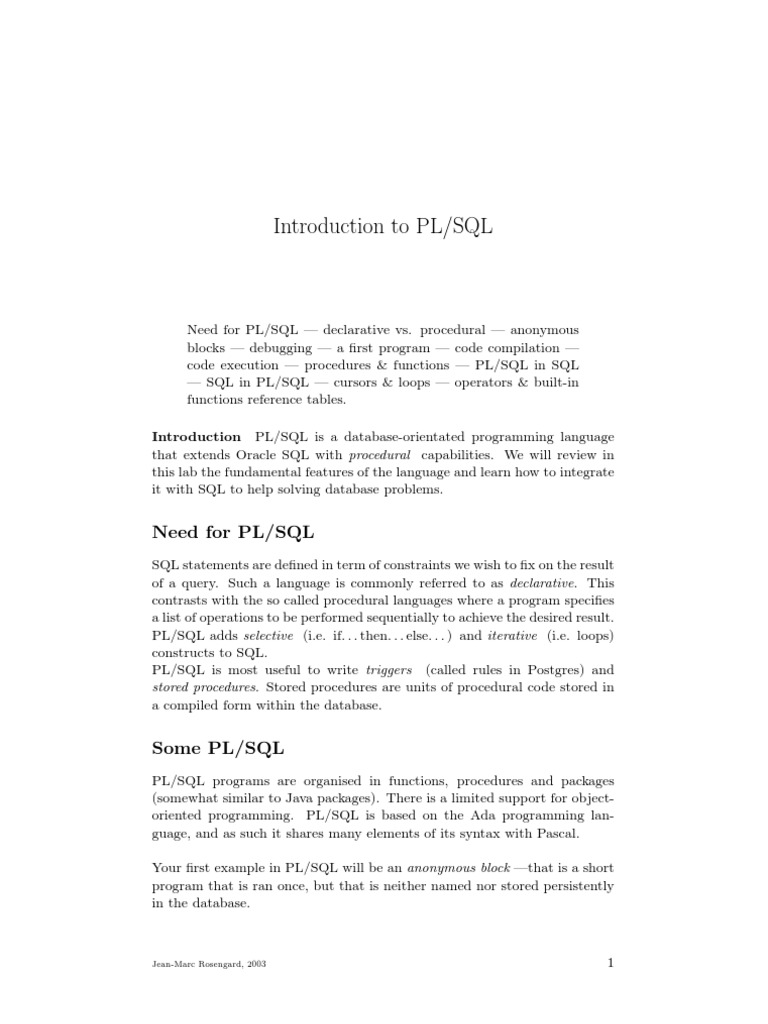 Introduction To PLSQL | PDF | Pl/Sql | Sql