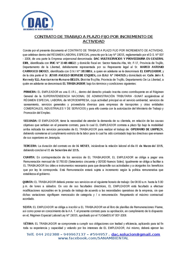 Contrato a Plazo Fijo Por Incremento de Actividad