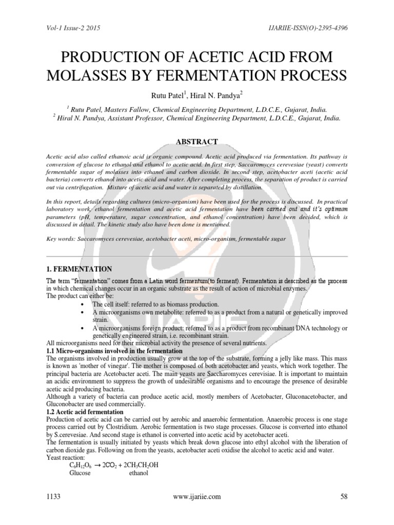 Production of Acetic Acid From Molasses by Fermentation Process | PDF ...