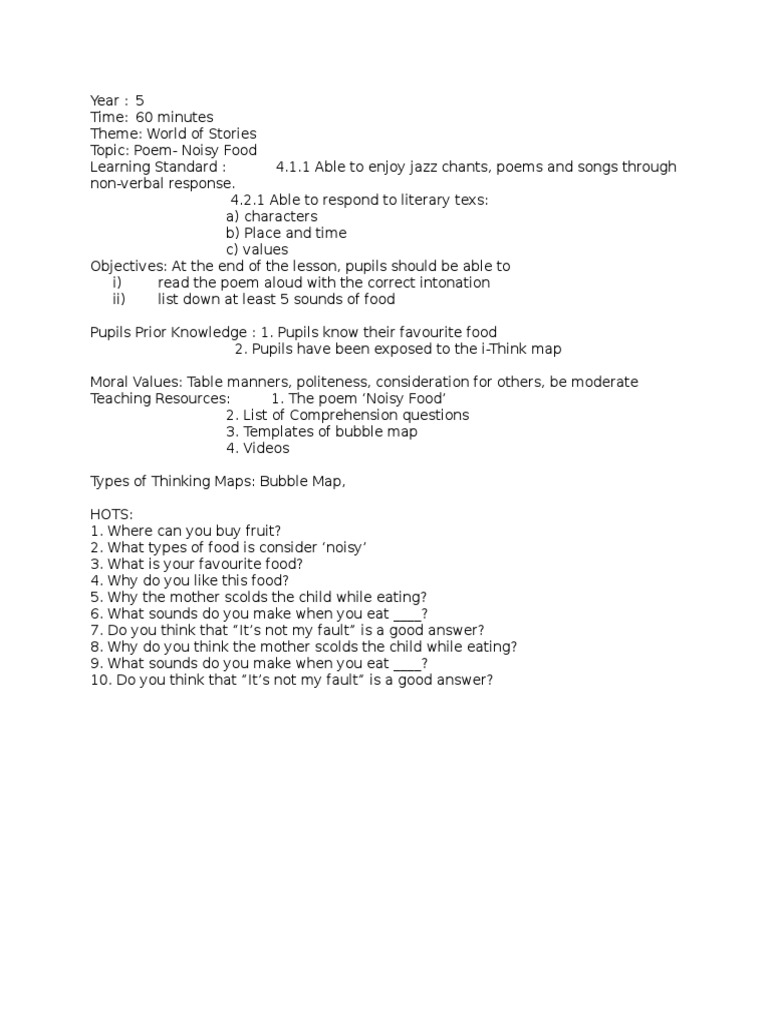 Noisy Food Poem Lesson Plan | PDF | Language Arts & Discipline