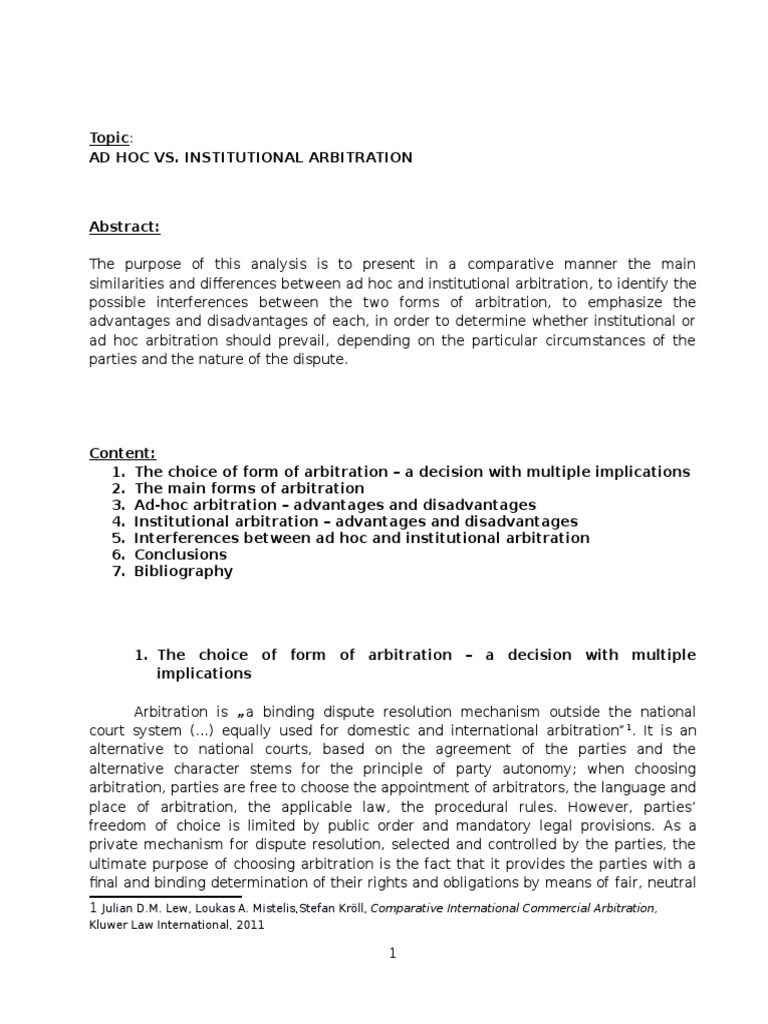 Ad Hoc Vs Institutional Arbitration | PDF | Arbitral Tribunal | Arbitration