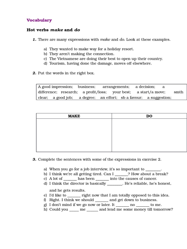 Hot Verbs Make and Do: Vocabulary | PDF