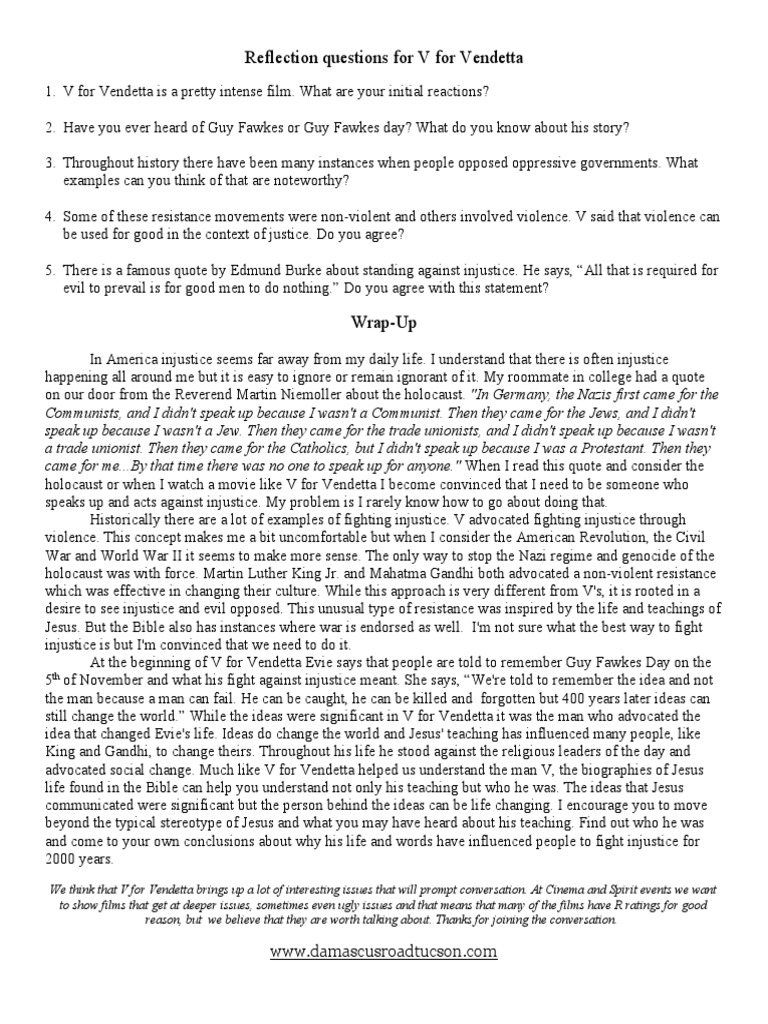 V for Vendetta Reflection Guide | PDF | Nonviolence | Religion And Belief