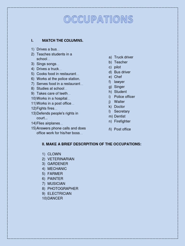 I. Match The Columns.: Ii. Make A Brief Descrpition of The Occupations ...
