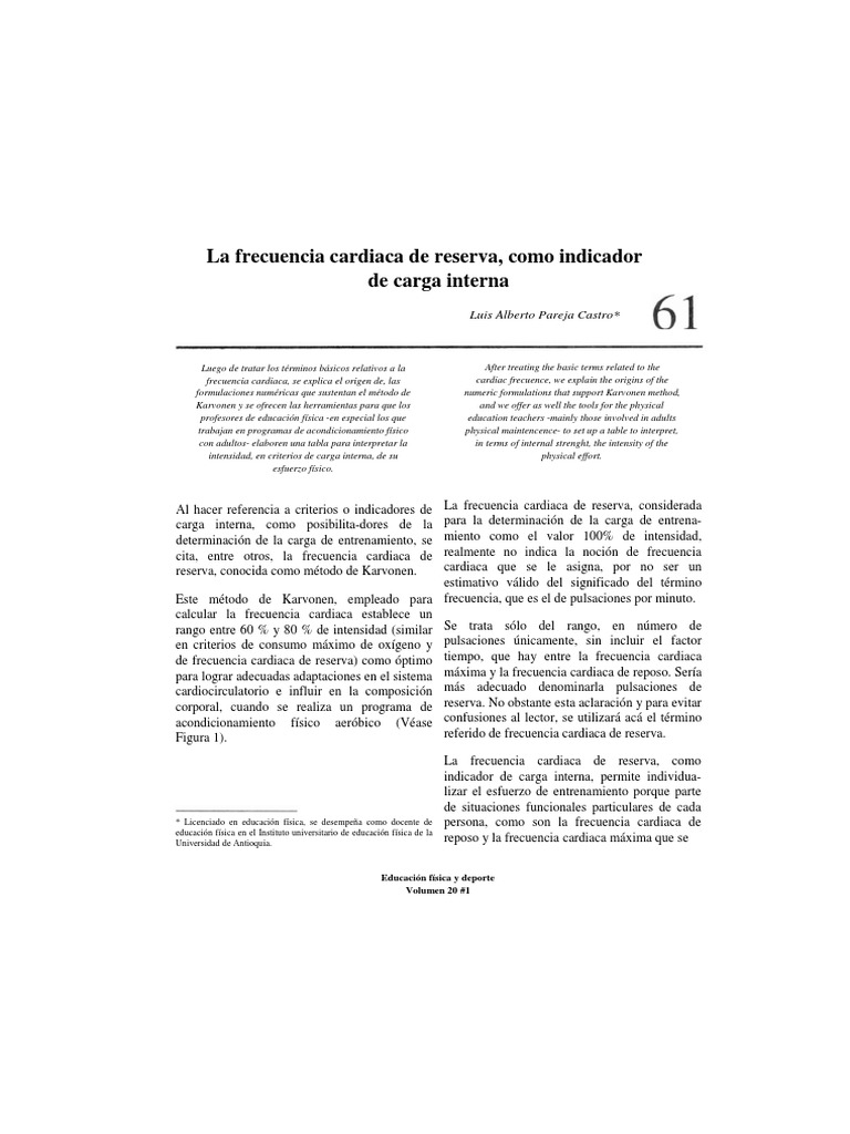 La Frecuencia Cardiaca de Reserva, Como Indicador de Carga Interna ...