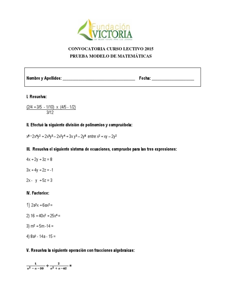 Modelo de Examen de Matematicas | PDF