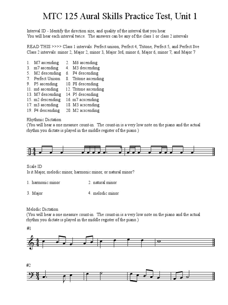 Aural Skills Practice Test, Unit 1 - Answer Key | PDF