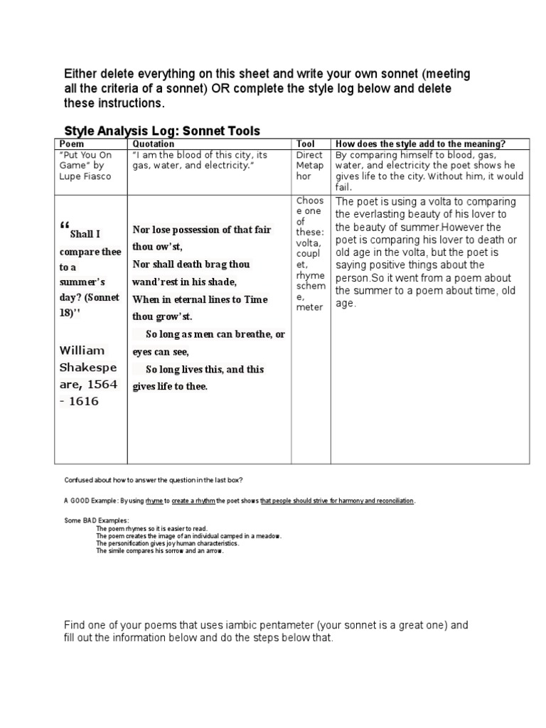 Sonnet Style Analysis Guide | PDF