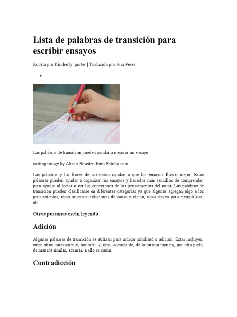 Lista de Palabras de Transición para Escribir Ensayos | PDF