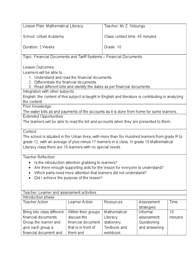 lesson plan financial documents | Invoice | Debits And Credits