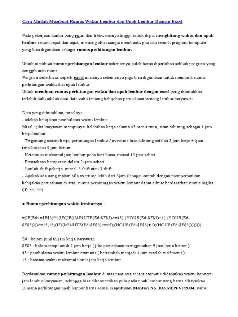 Cara Mudah Membuat Rumus Waktu Lembur Dan Upah Lembur Dengan Excel | PDF