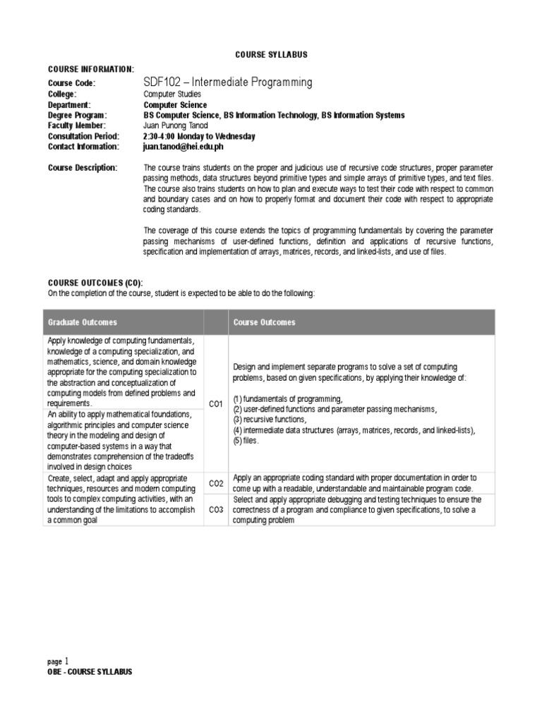 Programming 2 Sample OBE Syllabi | PDF | Computer Programming | Computer Science