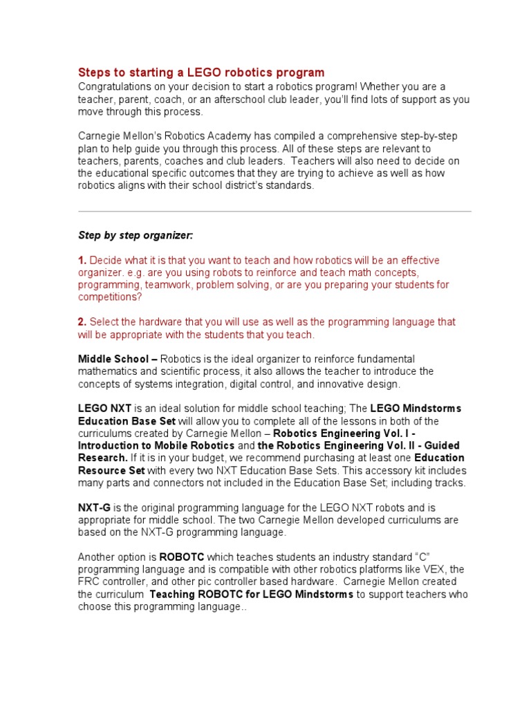 Steps To Starting A Lego Robotics Program | PDF | Robotics | Computing