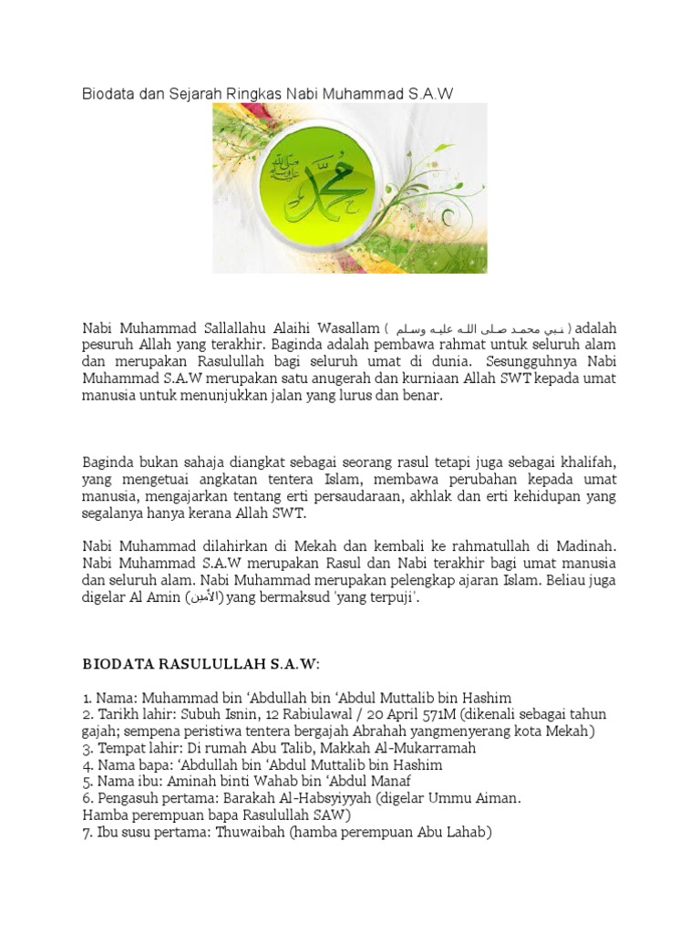 Biodata Dan Sejarah Ringkas Nabi Muhammad S | PDF
