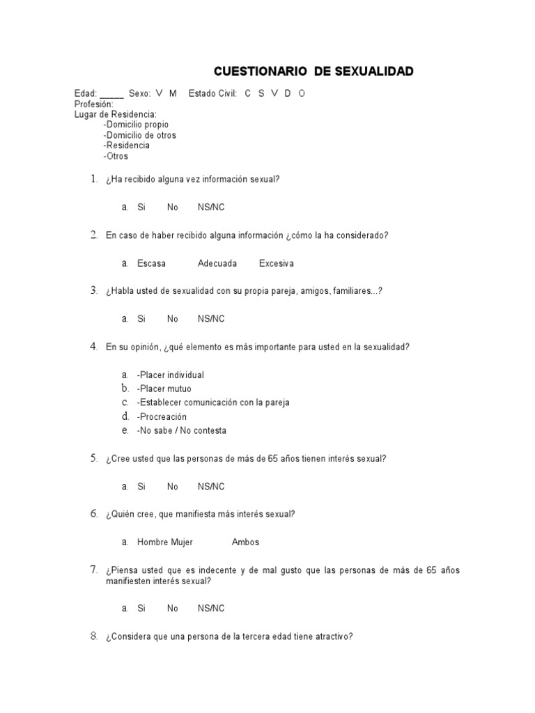 Cuestionario De Sexualidad Pdf Vejez Sexología