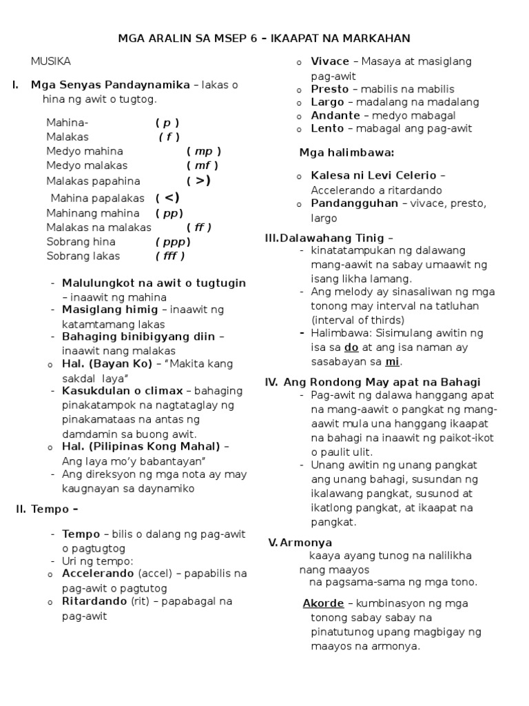 Mga Aralin Sa Msep 6 - 4th Grading | PDF