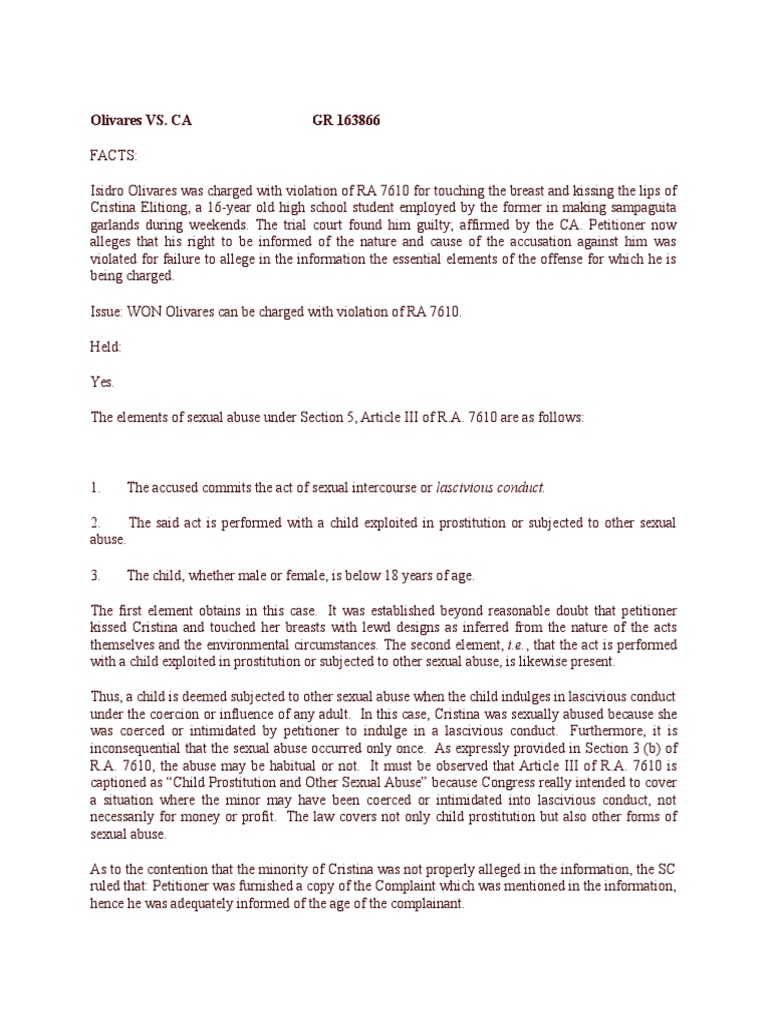 Digested Cases On Republic Act 7610: AN ACT PROVIDING FOR STRONGER ...